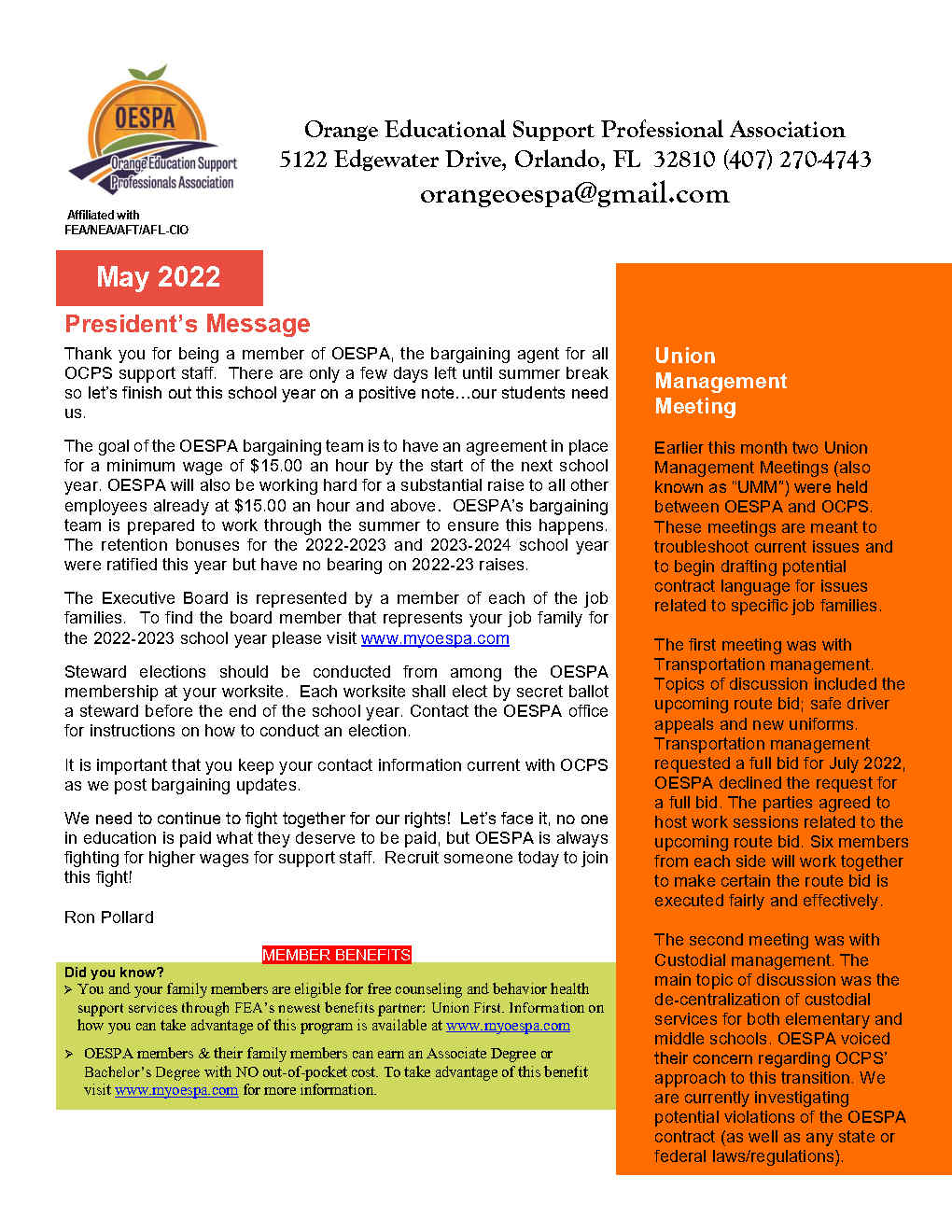 OESPA Newsletter – May 2022 – OESPA